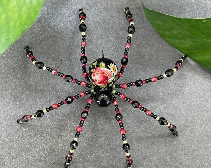 Handcrafted Red Rose Tensha Beaded Spider ~ 4” Unique Home Decor With ...
