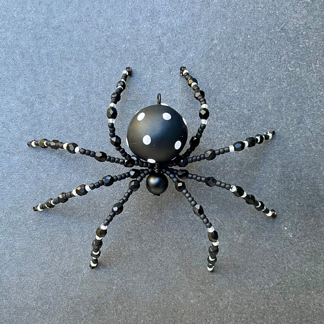 Beaded Spider, Black & White Polka Dot, Polymer Clay Charming Spider ...