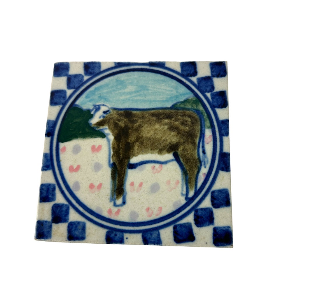 Debbie Dean Cow Pottery Trivet Tile Salt Glaze Folk Art Farmhouse ...