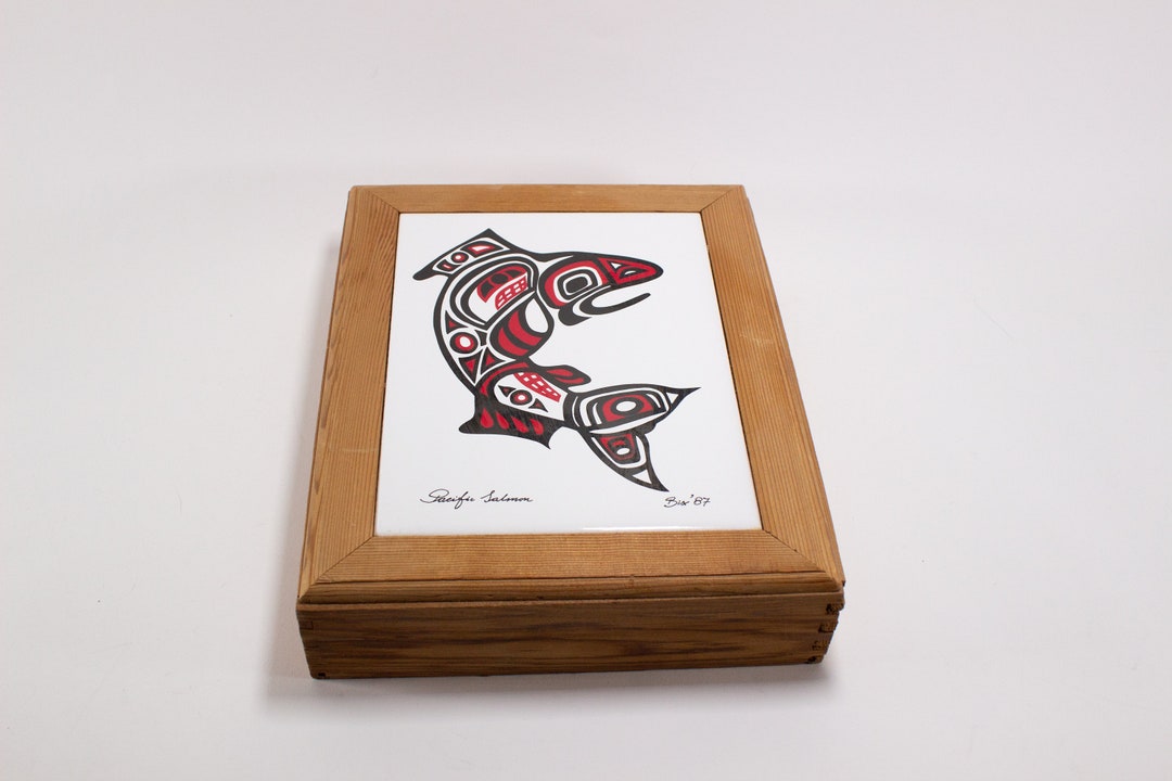 First Nations Pacific Salmon Tile Cedar Haida Keepsake Box Bix ...