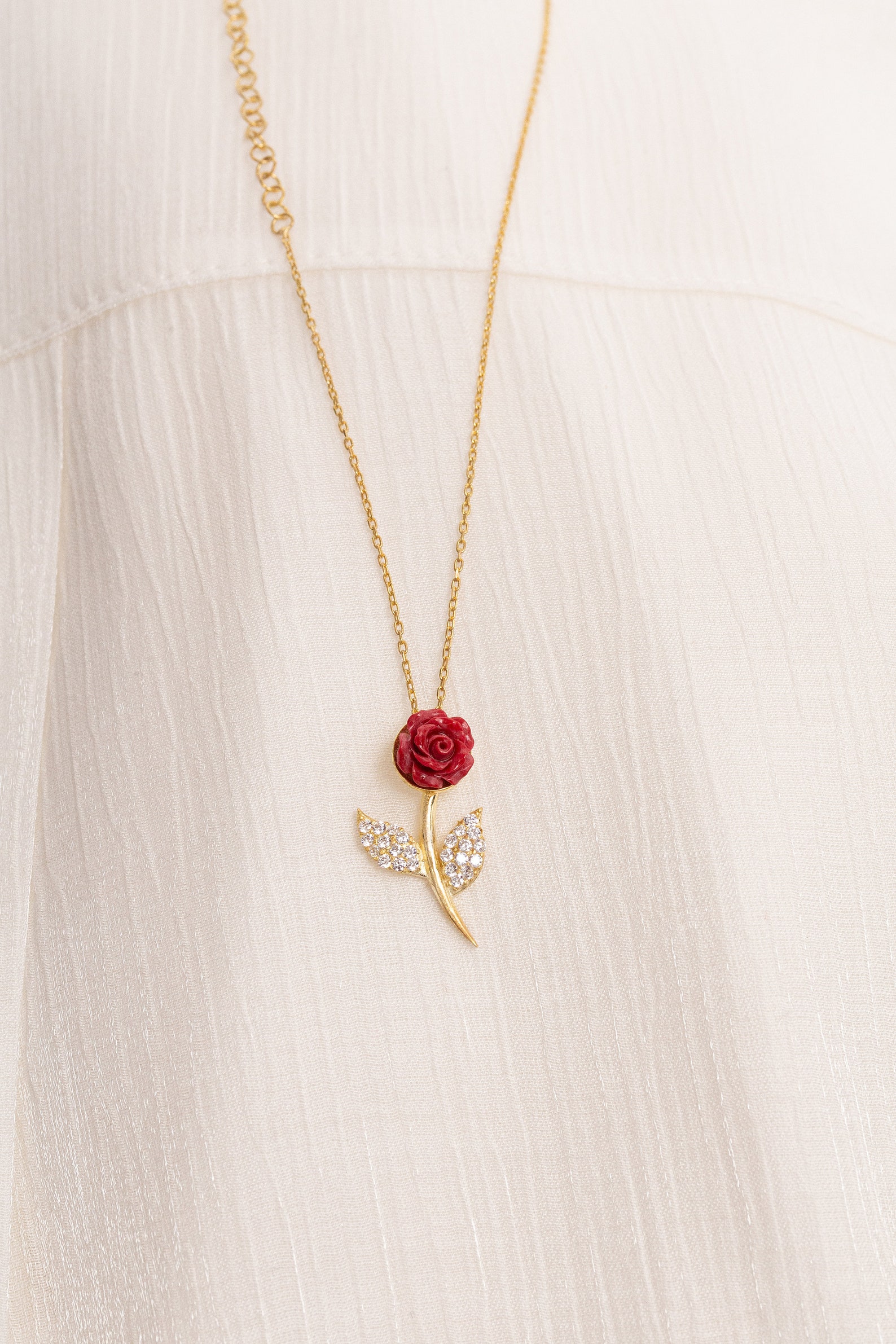 Sterling Silver Red Rose Pendant Necklace: 14K Gold Plated Floral ...