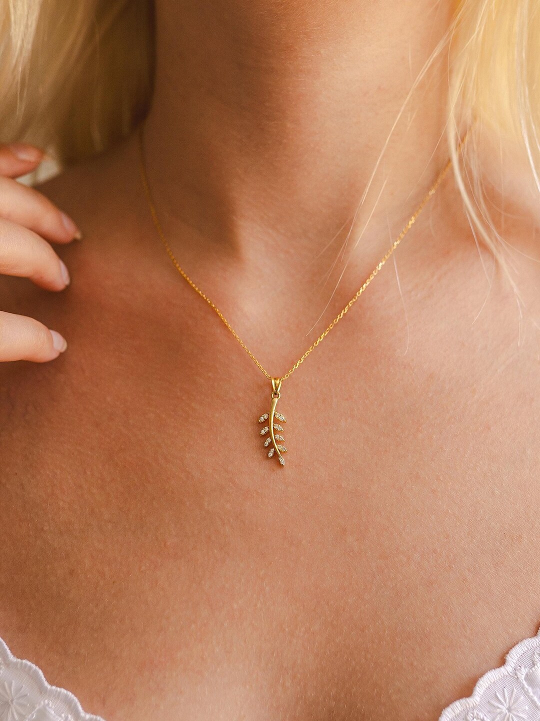 14K Gold Olive Branch Necklace: Sterling Silver Leaf Pendant - Etsy