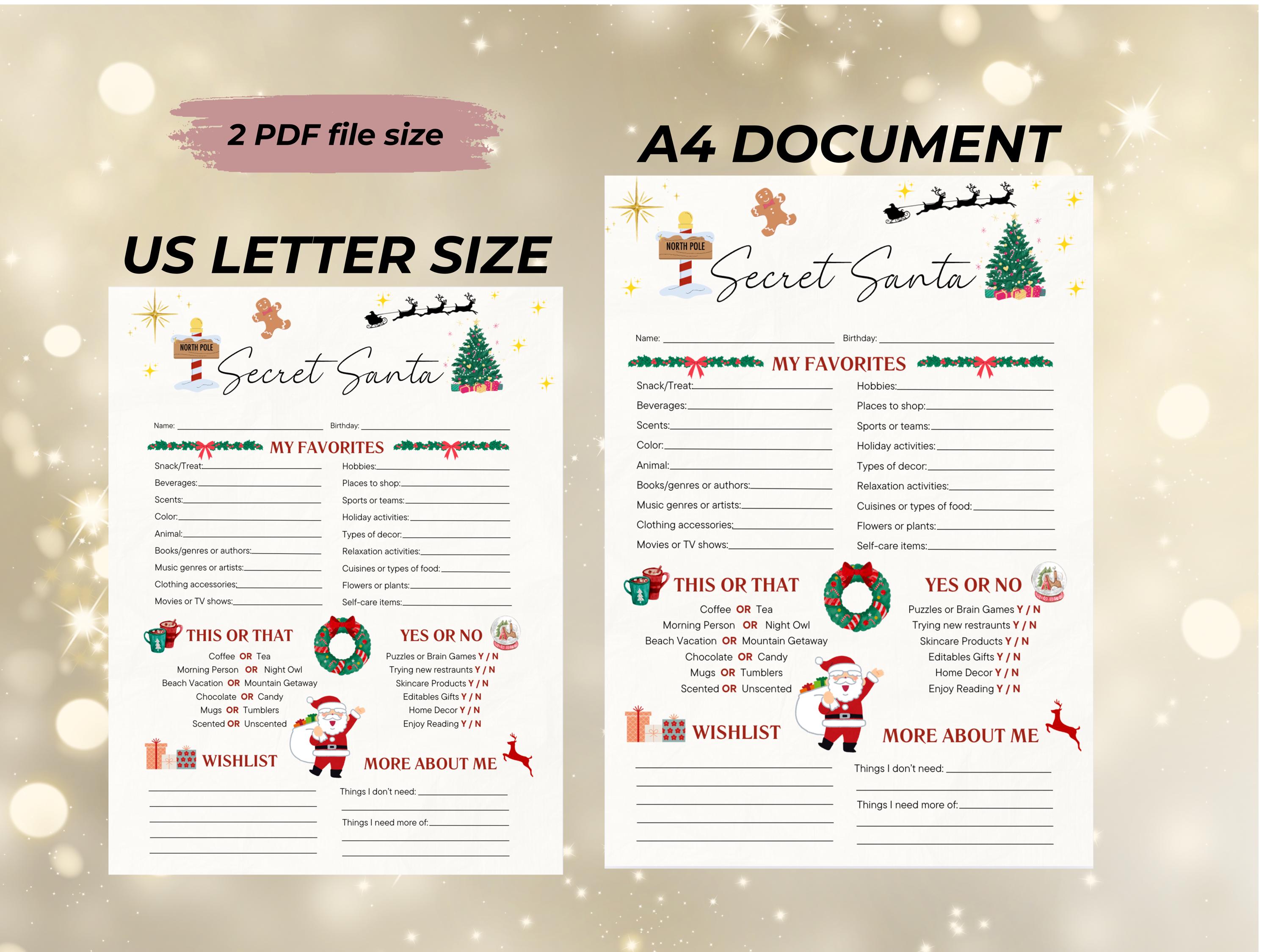 Secret Santa Survey, Favorite Things List, Christmas Questionnaire ...