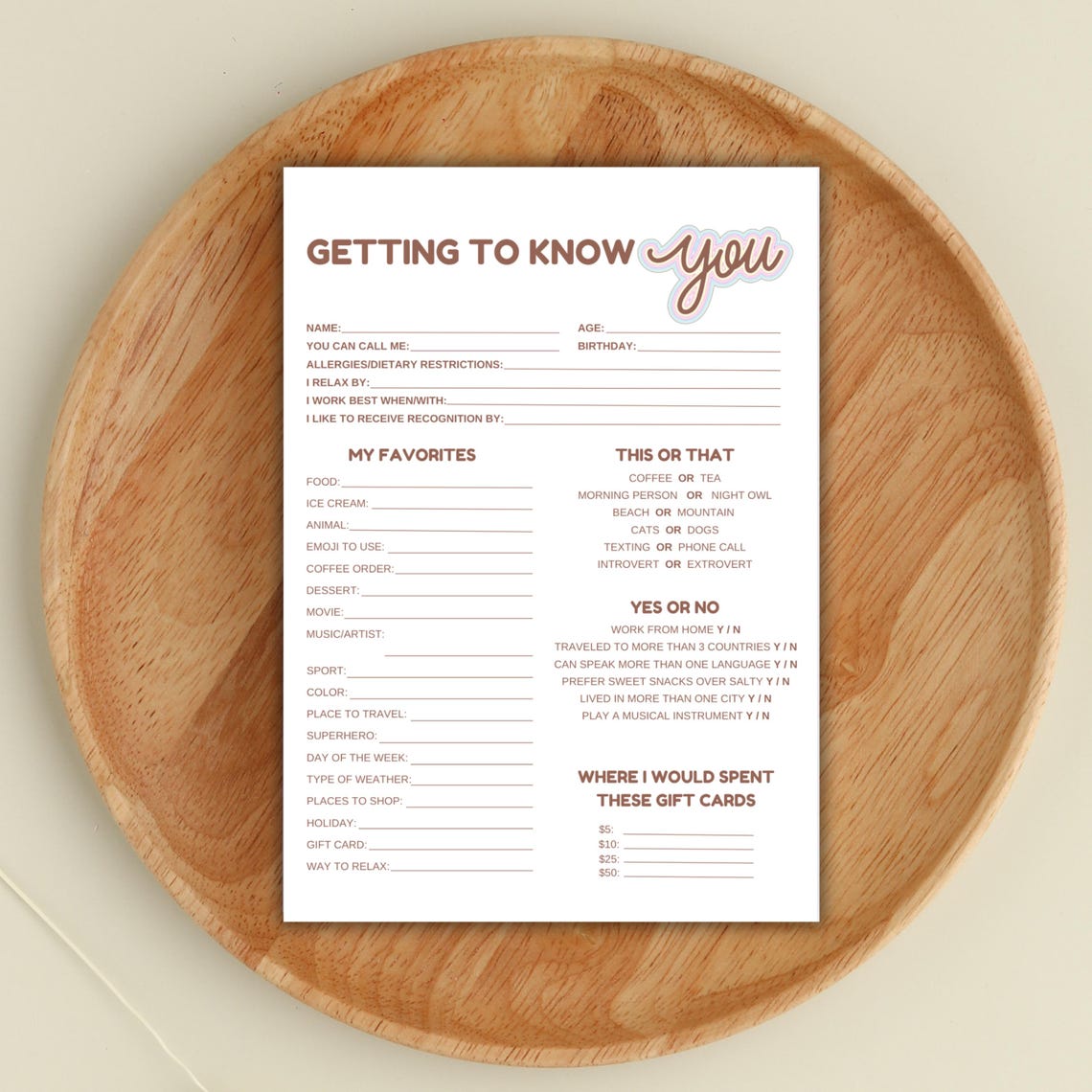 Team Building Get to Know Me Questionnaire Printable | Favorite Things ...