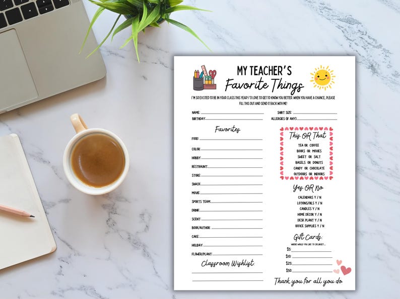 Teacher Favorite Things Questionnaire | Printable Teacher Survey ...