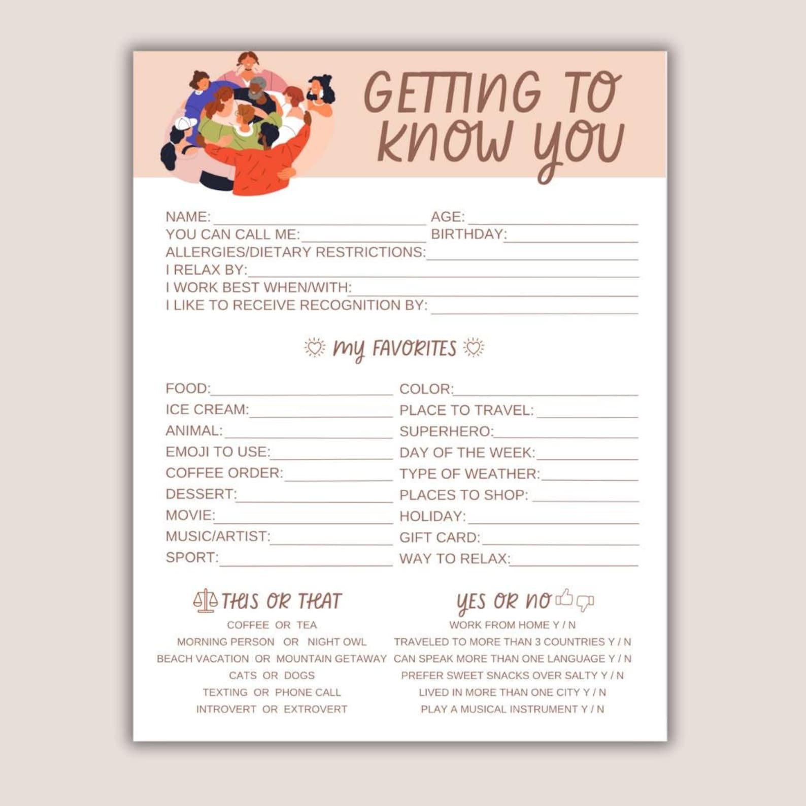 Team Building Get to Know Me Questionnaire Printable | Team Building | Favorite Things List ...