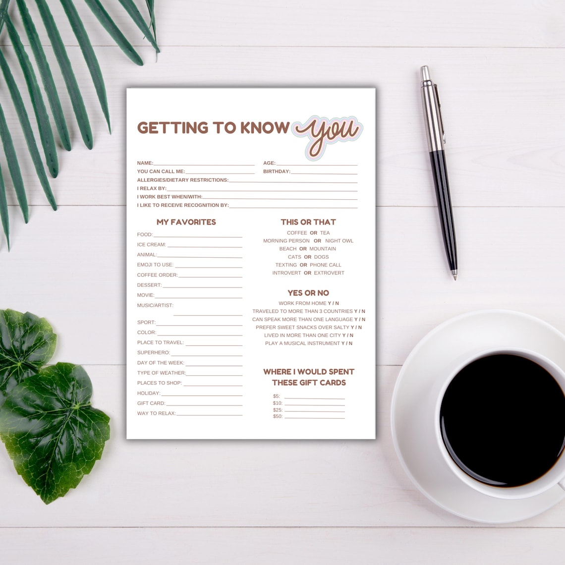 Team Building Get to Know Me Questionnaire Printable | Favorite Things ...