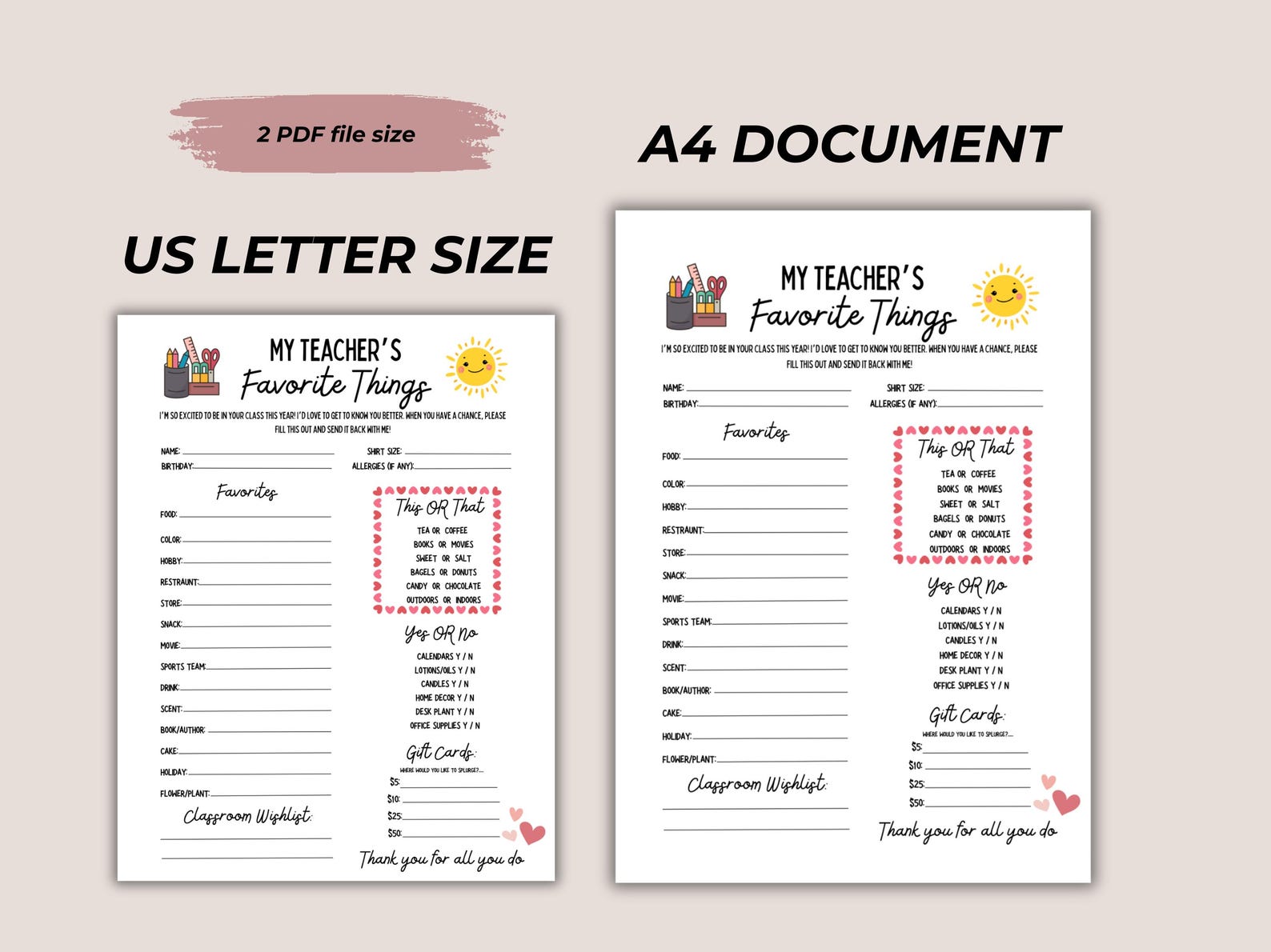 Teacher Favorite Things Questionnaire | Printable Teacher Survey ...