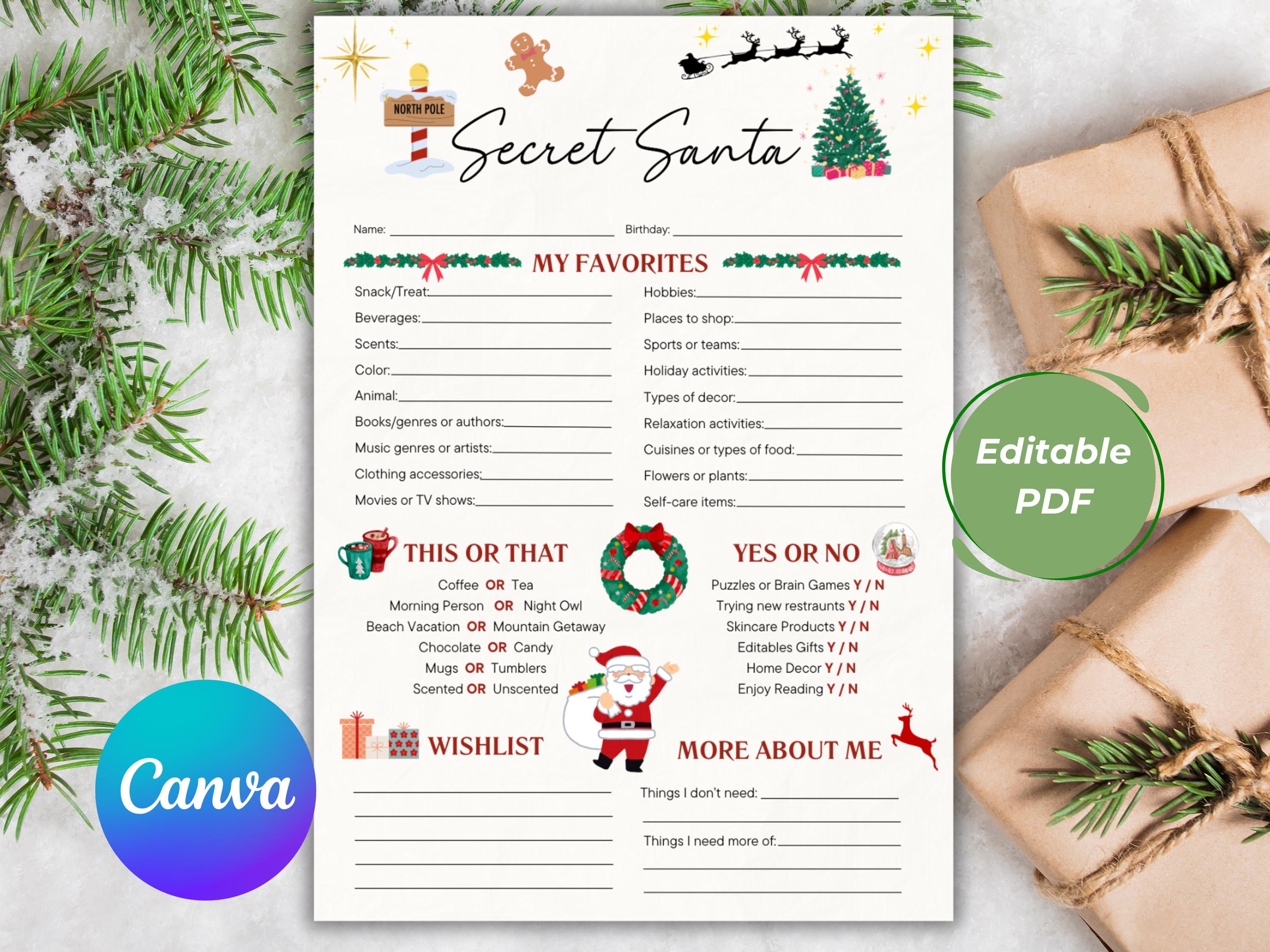 Secret Santa Survey, Favorite Things List, Christmas Questionnaire ...