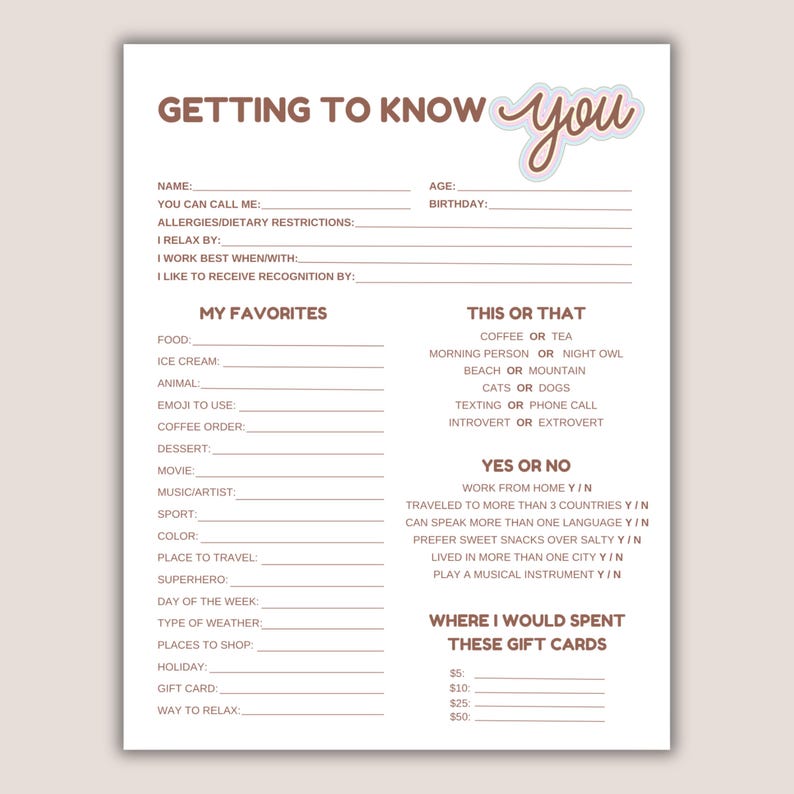 Team Building Get to Know Me Questionnaire Printable | Favorite Things ...