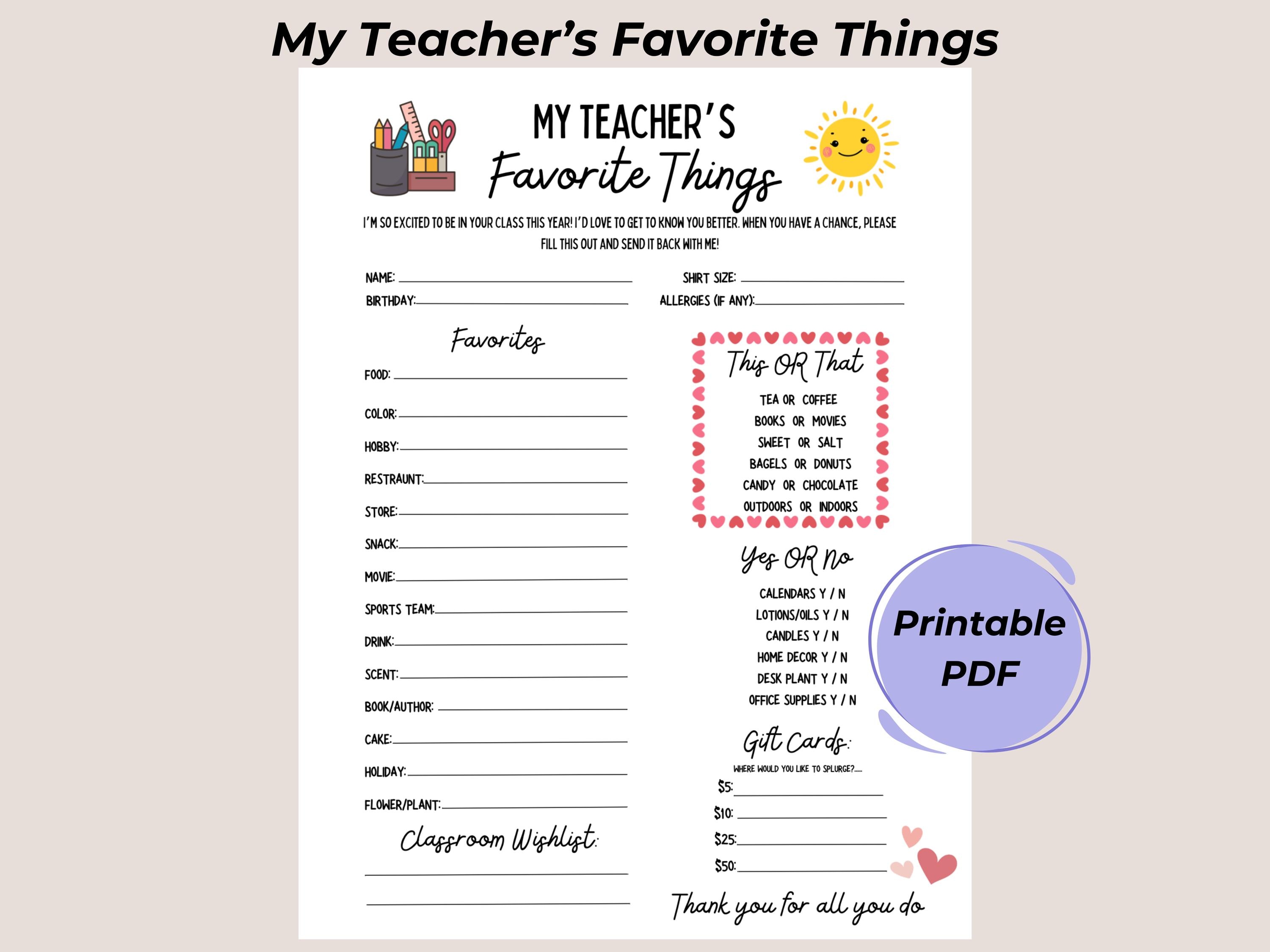Teacher Favorite Things Questionnaire | Printable Teacher Survey ...