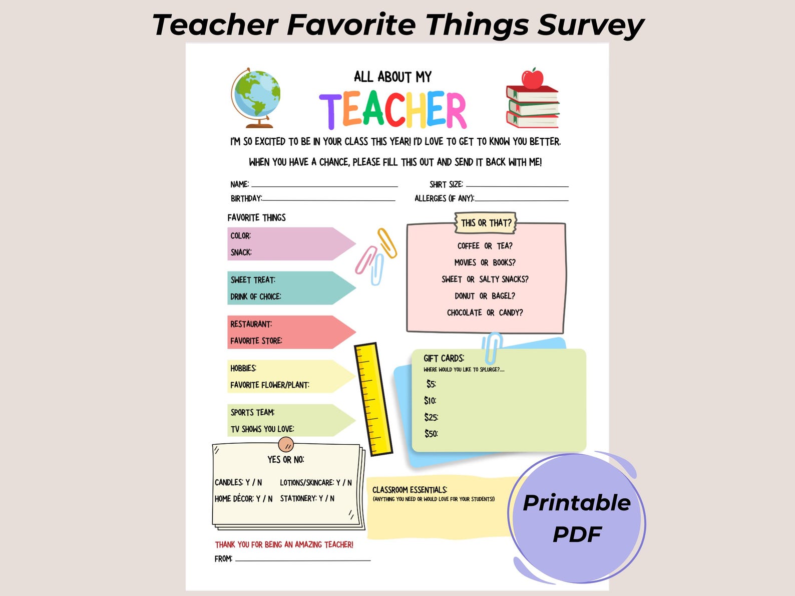 Teacher Favorite Things Questionnaire | All About My Teacher Printable ...