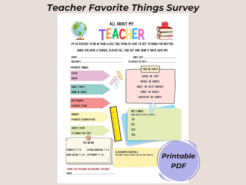 Teacher Favorite Things Questionnaire | All About My Teacher Printable ...