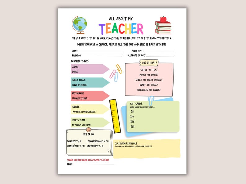 Teacher Favorite Things Questionnaire | All About My Teacher Printable ...