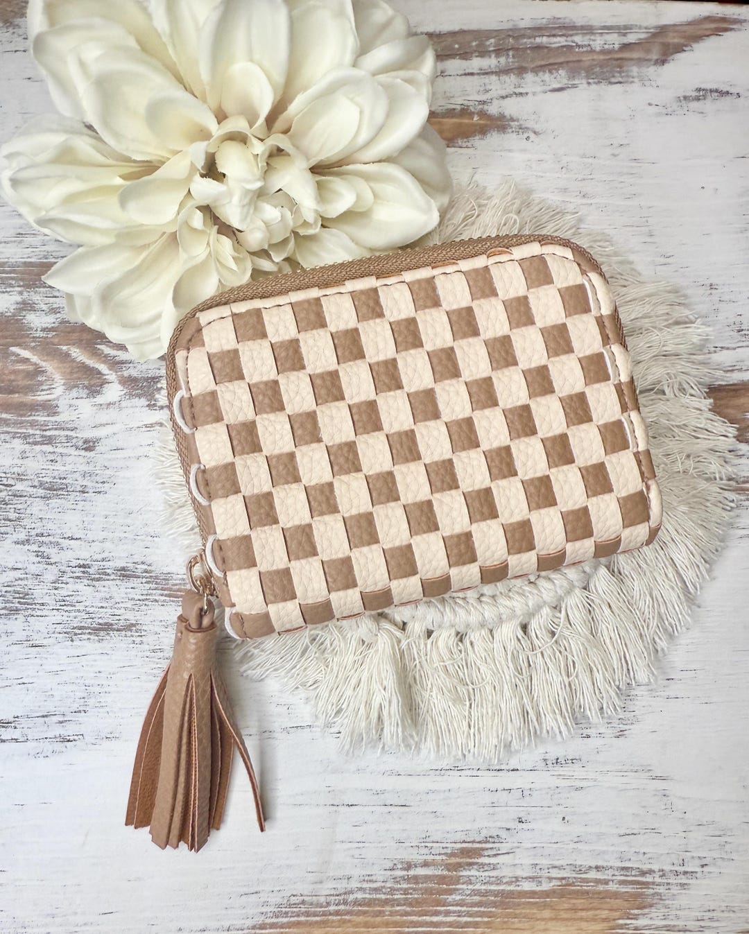 Checkered Vegan Leather Woven Wallet: Card Holder, Small Tote - Etsy