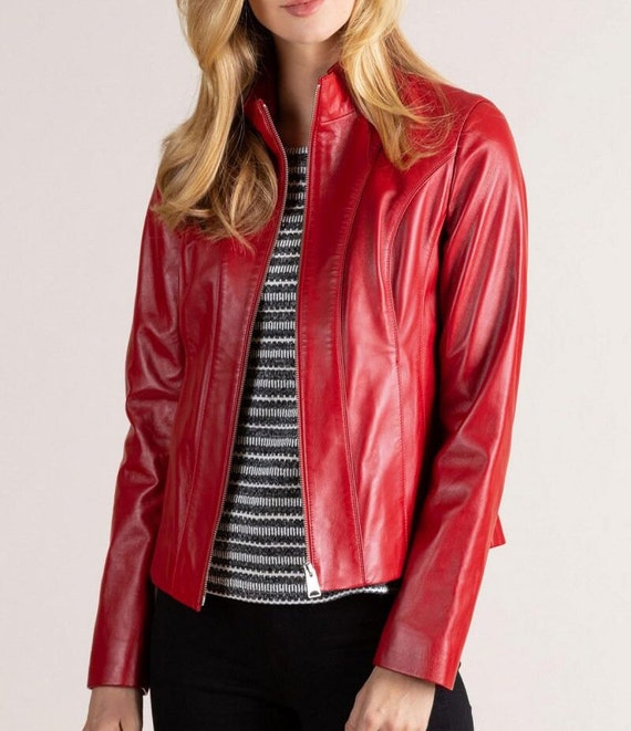 Women Red Leather Biker Jacket Handmade Women's Red - Etsy