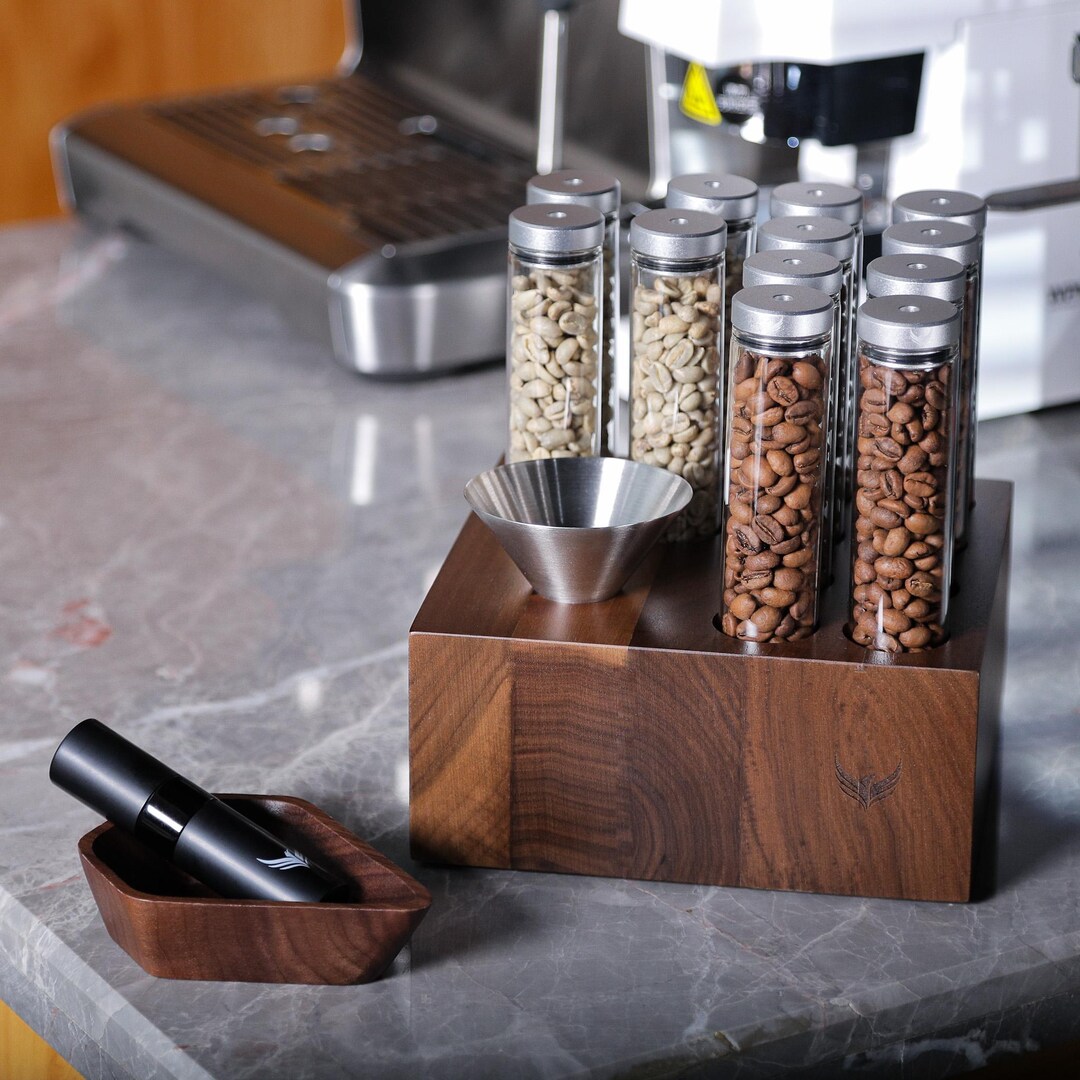 Walnut Coffee Cellar and Dosing Set | Espresso Bean Container With ...