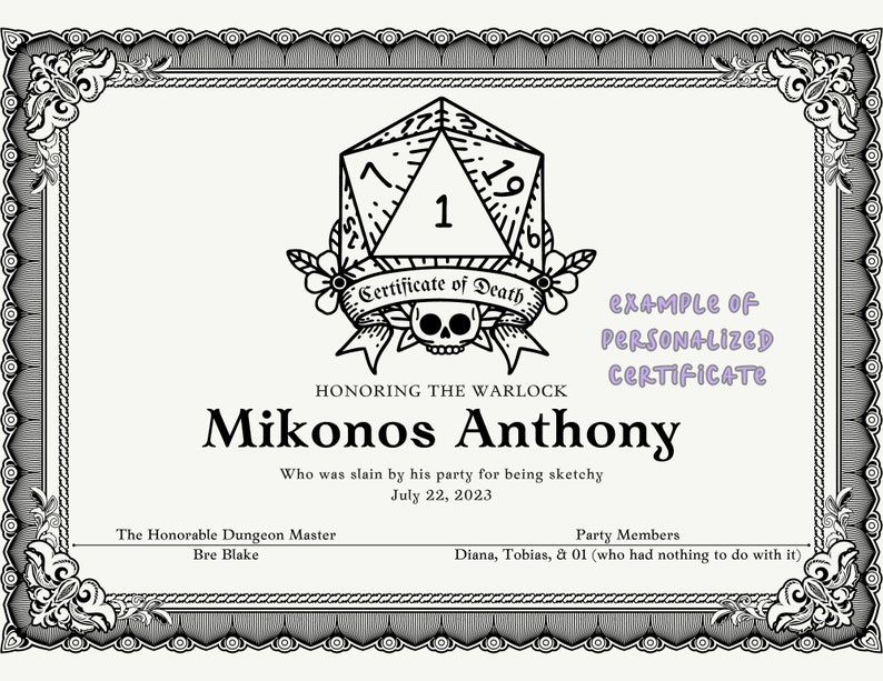 DND Personalized Death Certificate - Etsy