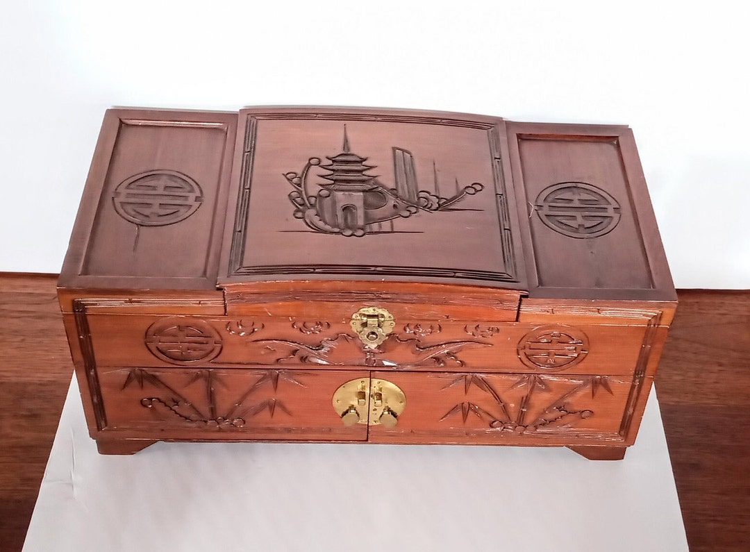 Etched Large Asian Ornate Jewelry Box Wood Mirrored Ring Holder - Etsy
