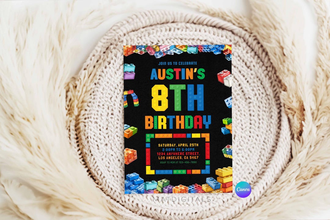 Editable Building Blocks Eight Birthday Invite, 8th Birthday Boy Invite ...