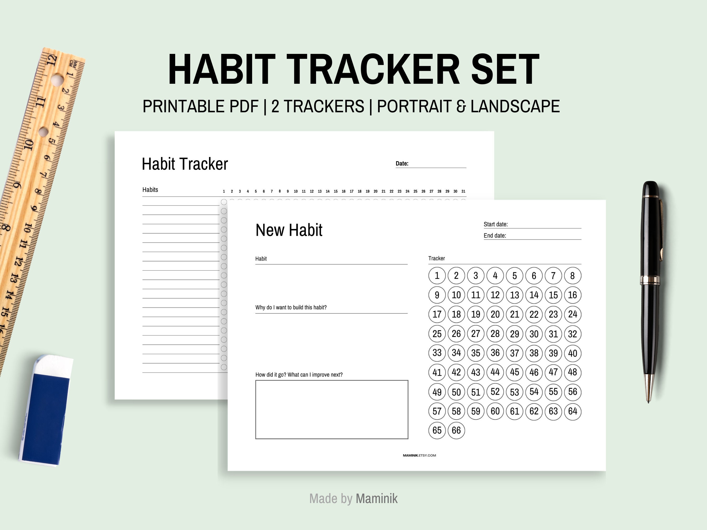 Habit Tracker Set, Monthly Habit Tracker, New Habit Tracker, Portrait ...