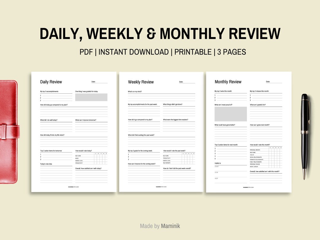 Daily Review, Weekly Review, Monthly Review, Printable Template Set ...