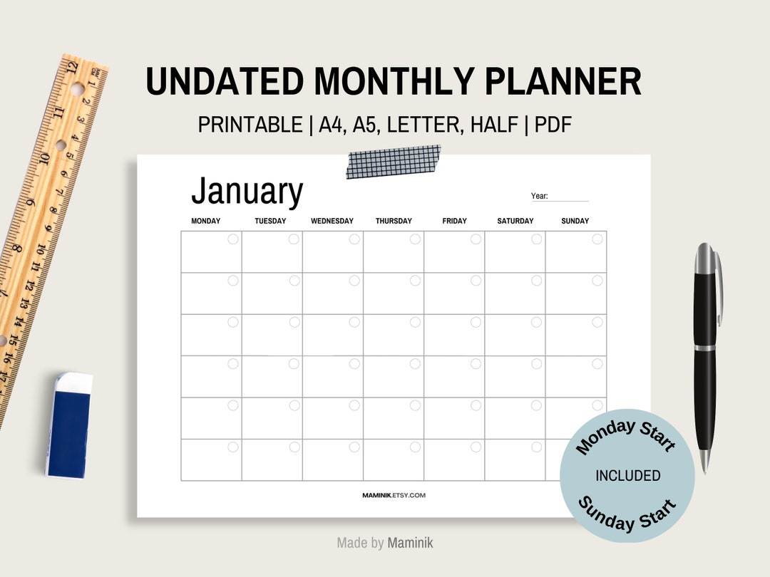Undated Monthly Planner PDF Printable Planner Month at a - Etsy