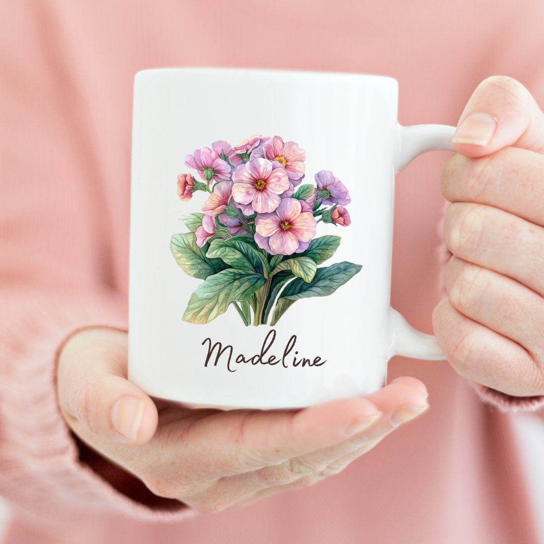 February Primrose Birth Flower Month Mug, Custom Birth Month Flower Mug ...