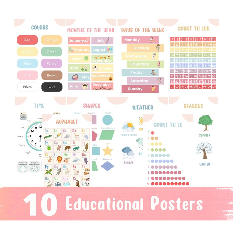 Educational Prints, Set of 10 Preschool Posters, Classroom Decor ...