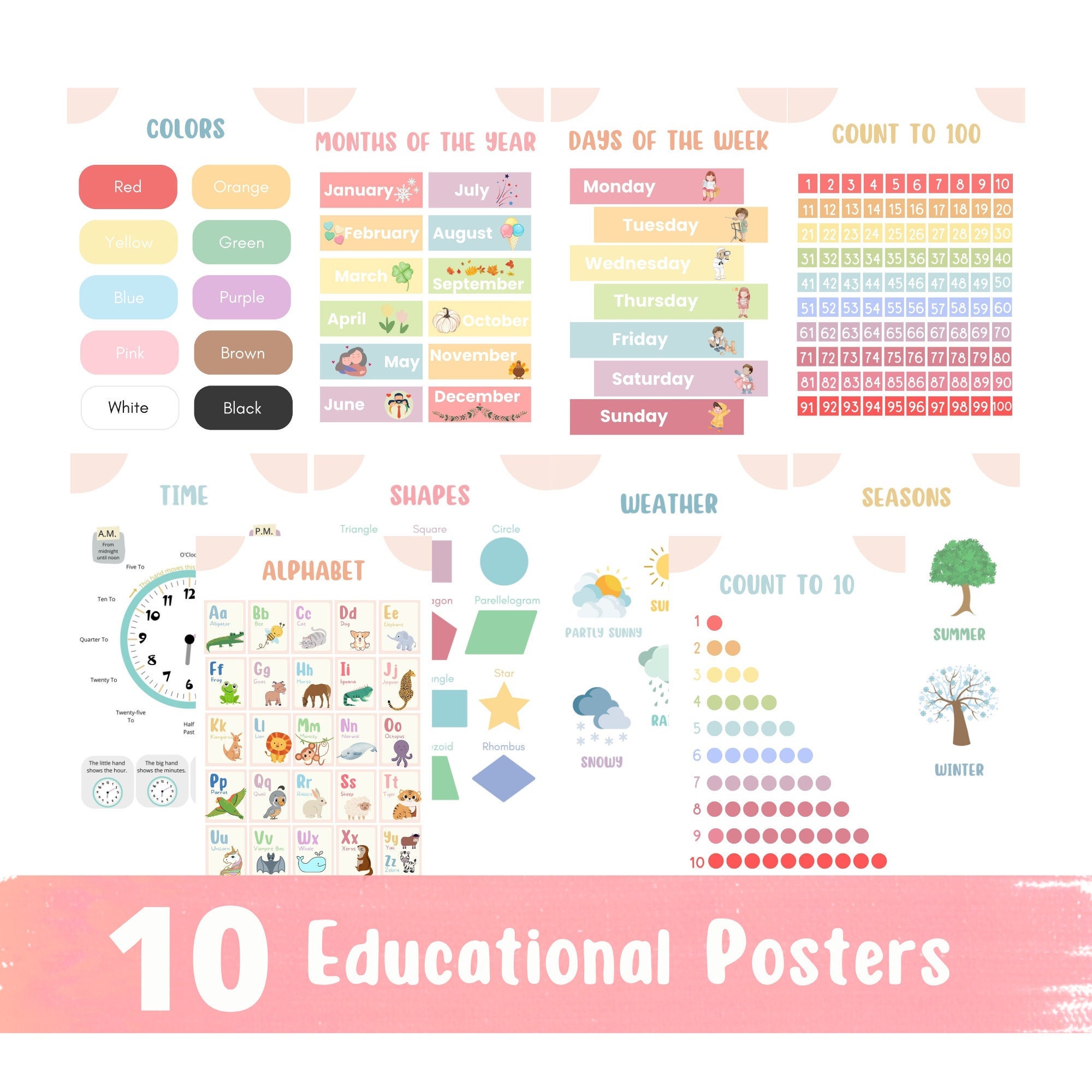 Educational Prints, Set of 10 Preschool Posters, Classroom Decor ...