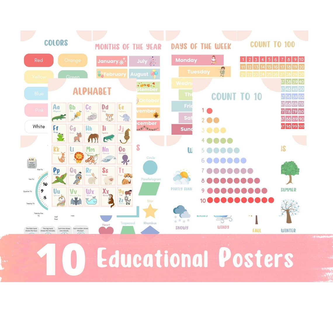 Educational Prints, Set of 10 Preschool Posters, Classroom Decor ...