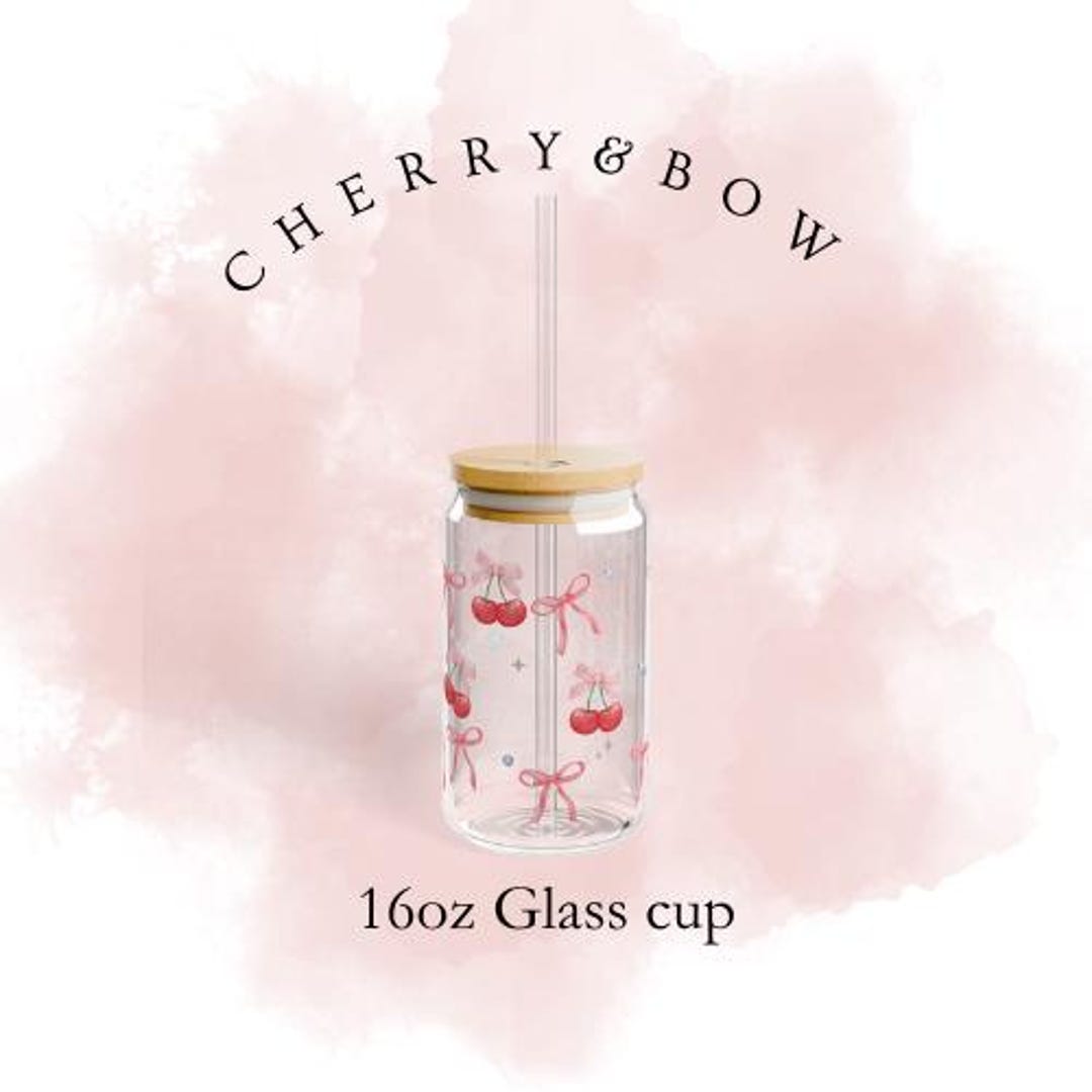 Cherry Bow Sipper Glass, 16oz - Cute Glass Cup With Pink Bows and ...