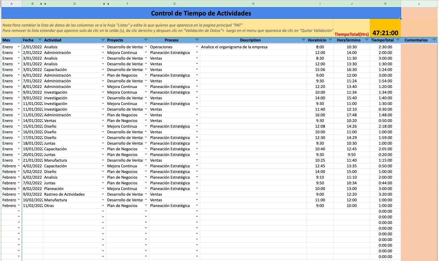 Plantilla Excel de Control de Tiempos de Actividades y - Etsy México