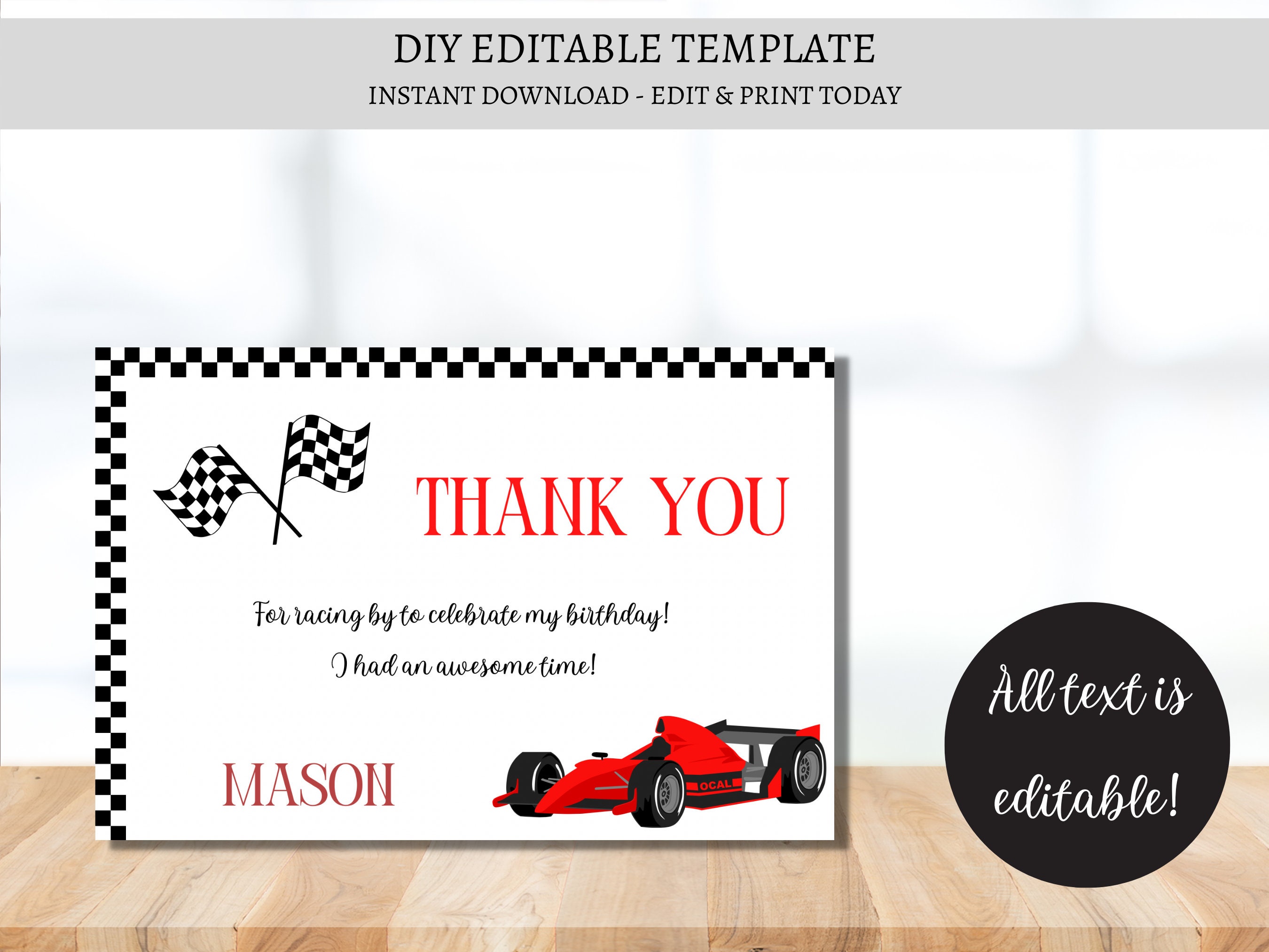 Race Car Thank You Card Racecar Birthday Thank You Template - Etsy
