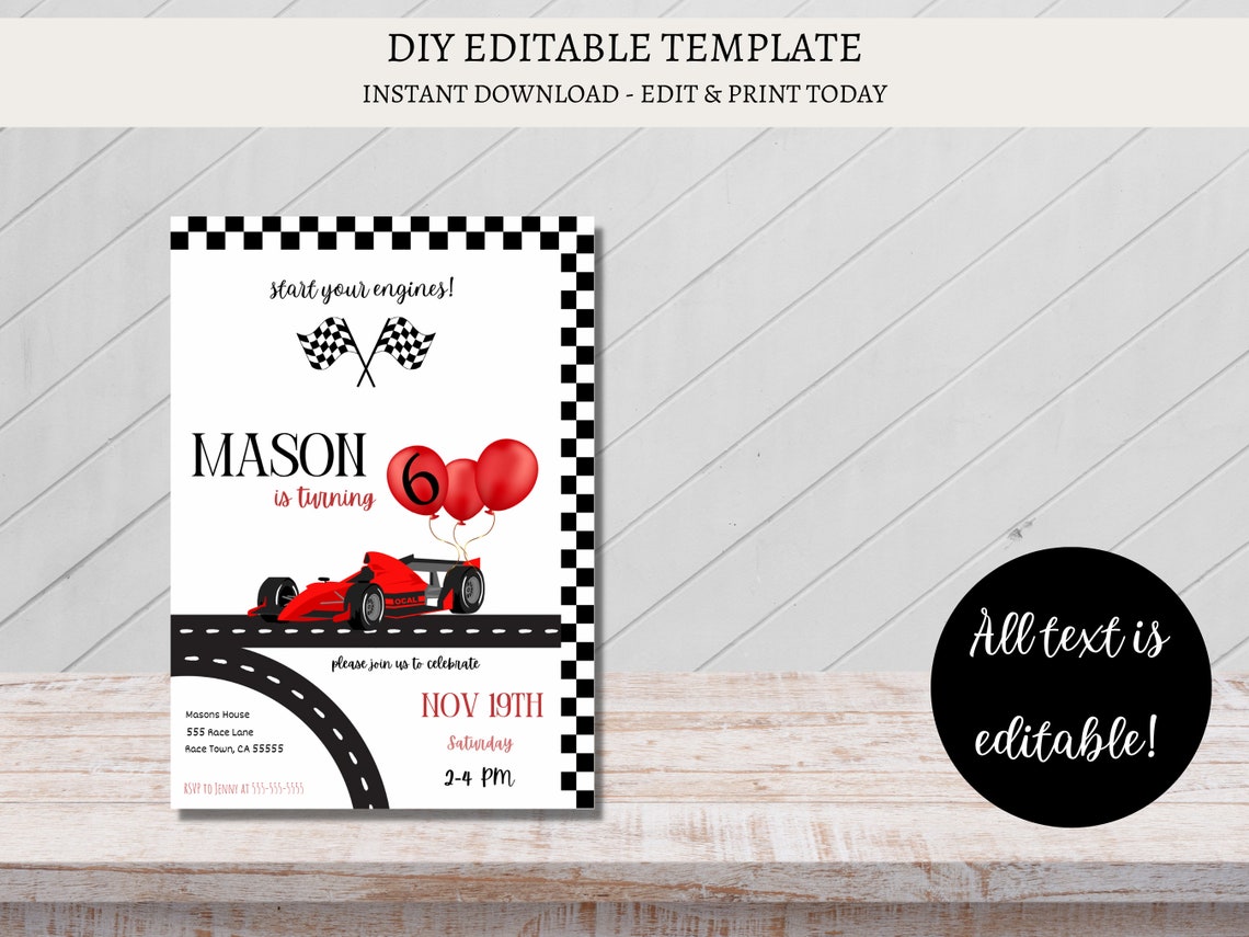 Race Car Birthday Invitation, Formula One Birthday Invitation, Editable ...