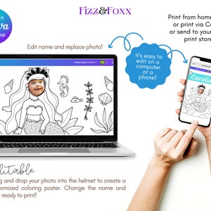 Editable Mermaid Coloring Poster With Name Canva PRINTABLE Coloring ...