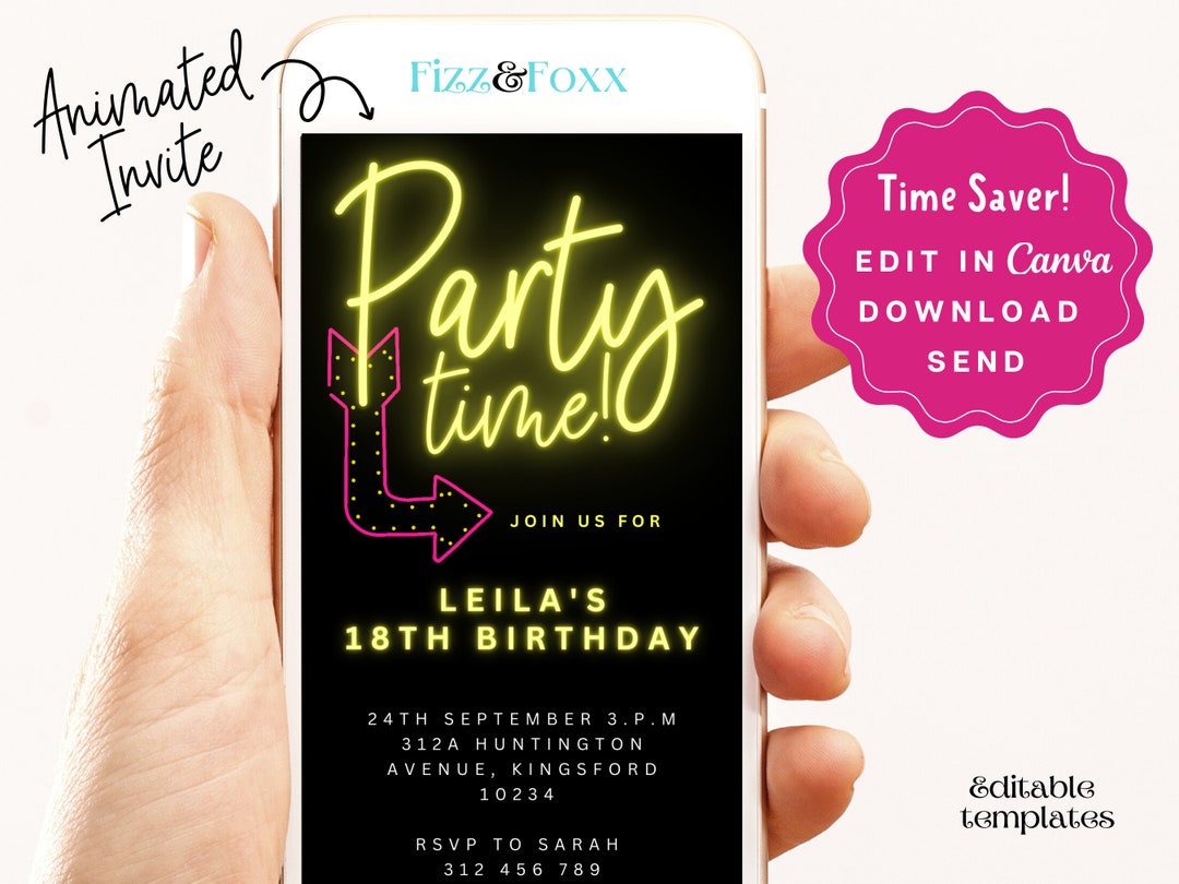 Party Time Digital Birthday Invitation CANVA TEMPLATE Text Message ...