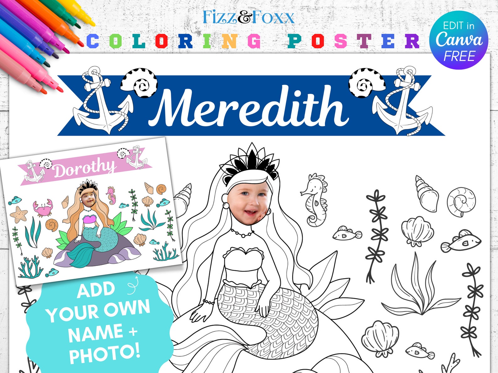 Editable Mermaid Coloring Poster With Name Canva PRINTABLE Coloring ...