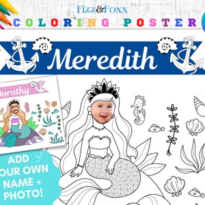 Editable Mermaid Coloring Poster With Name Canva PRINTABLE Coloring ...