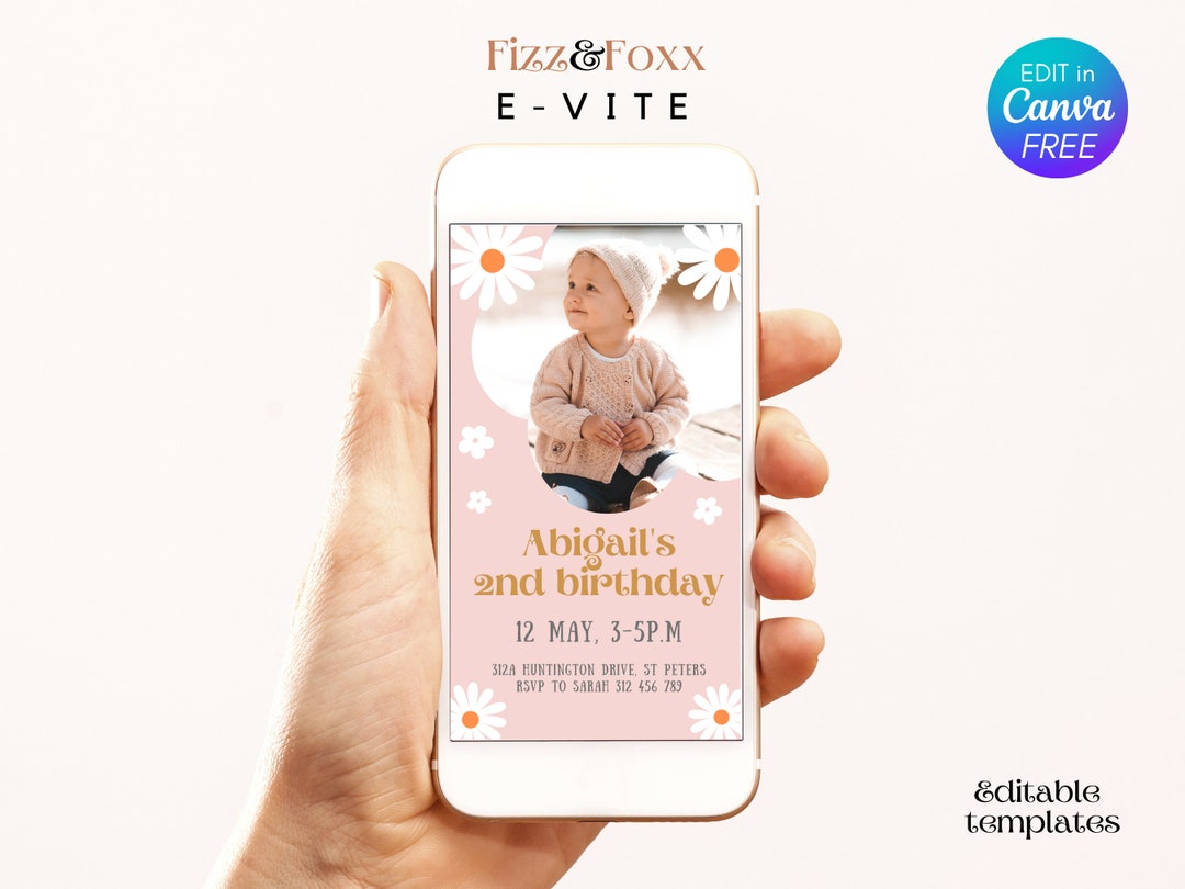 2nd Birthday Evite Daisy, Digital Invitation for Two Year Old Girl ...