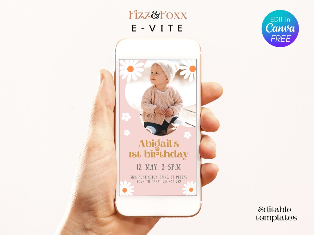 Daisy First Birthday EVITE, Editable 1st Birthday Evite Girl, First ...