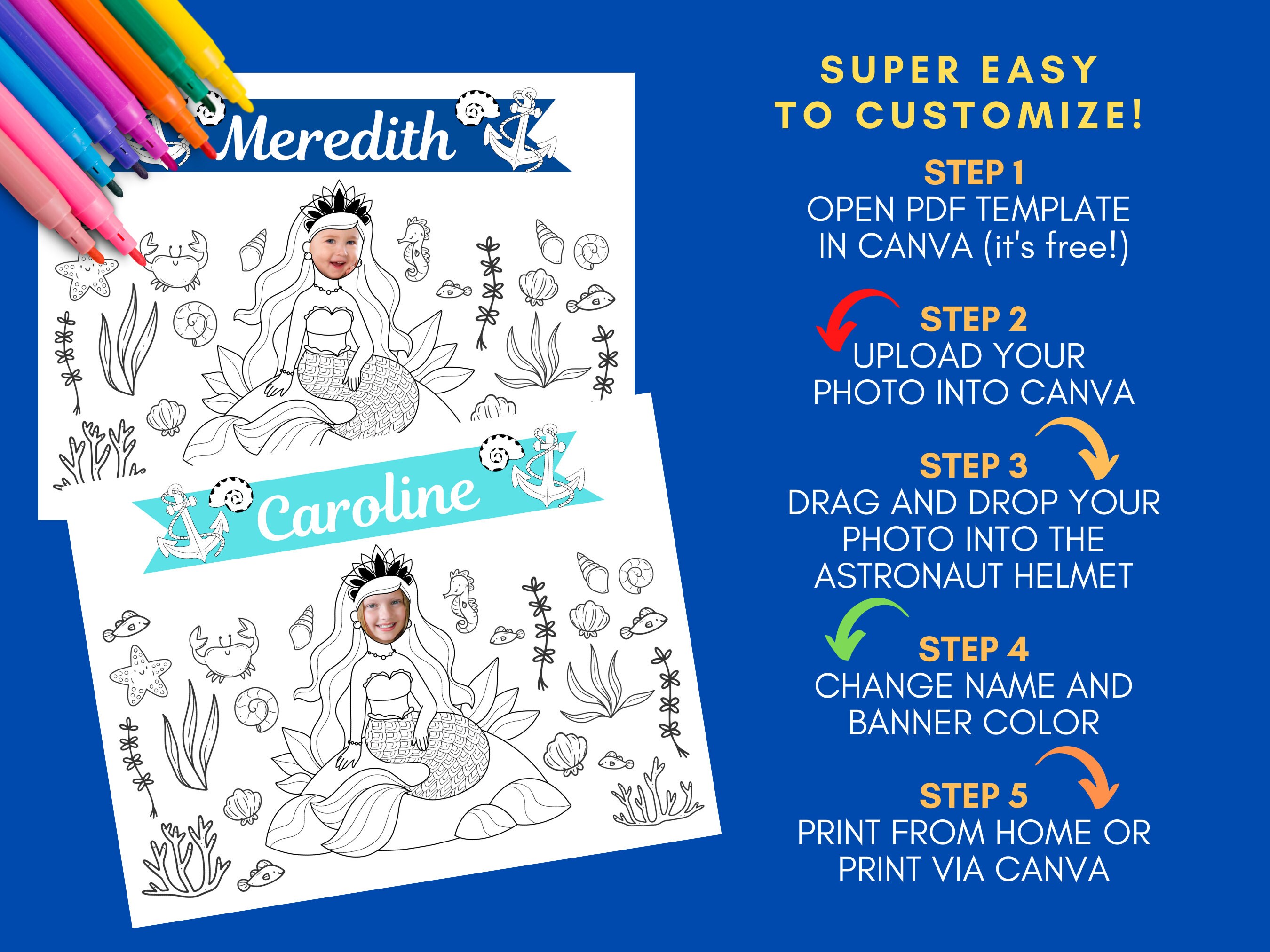 Editable Mermaid Coloring Poster With Name Canva PRINTABLE Coloring ...