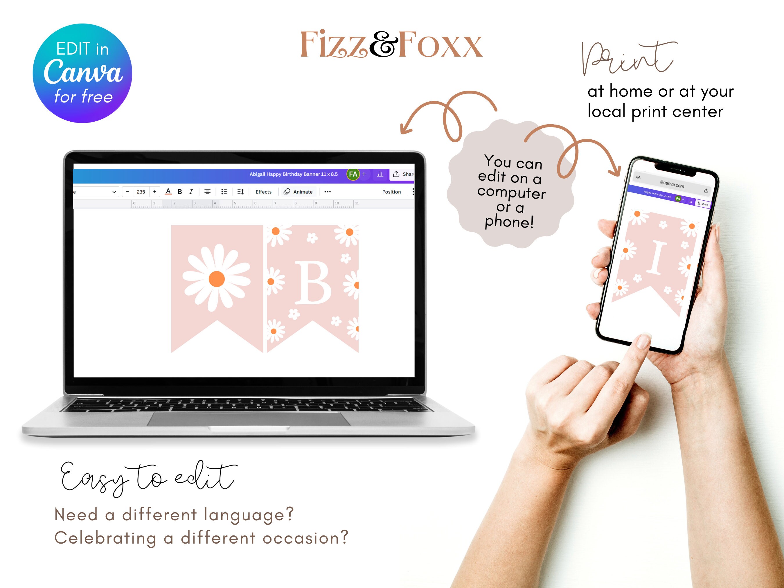 Daisy Happy Birthday Banner, Printable Boho Garland, Editable CANVA ...