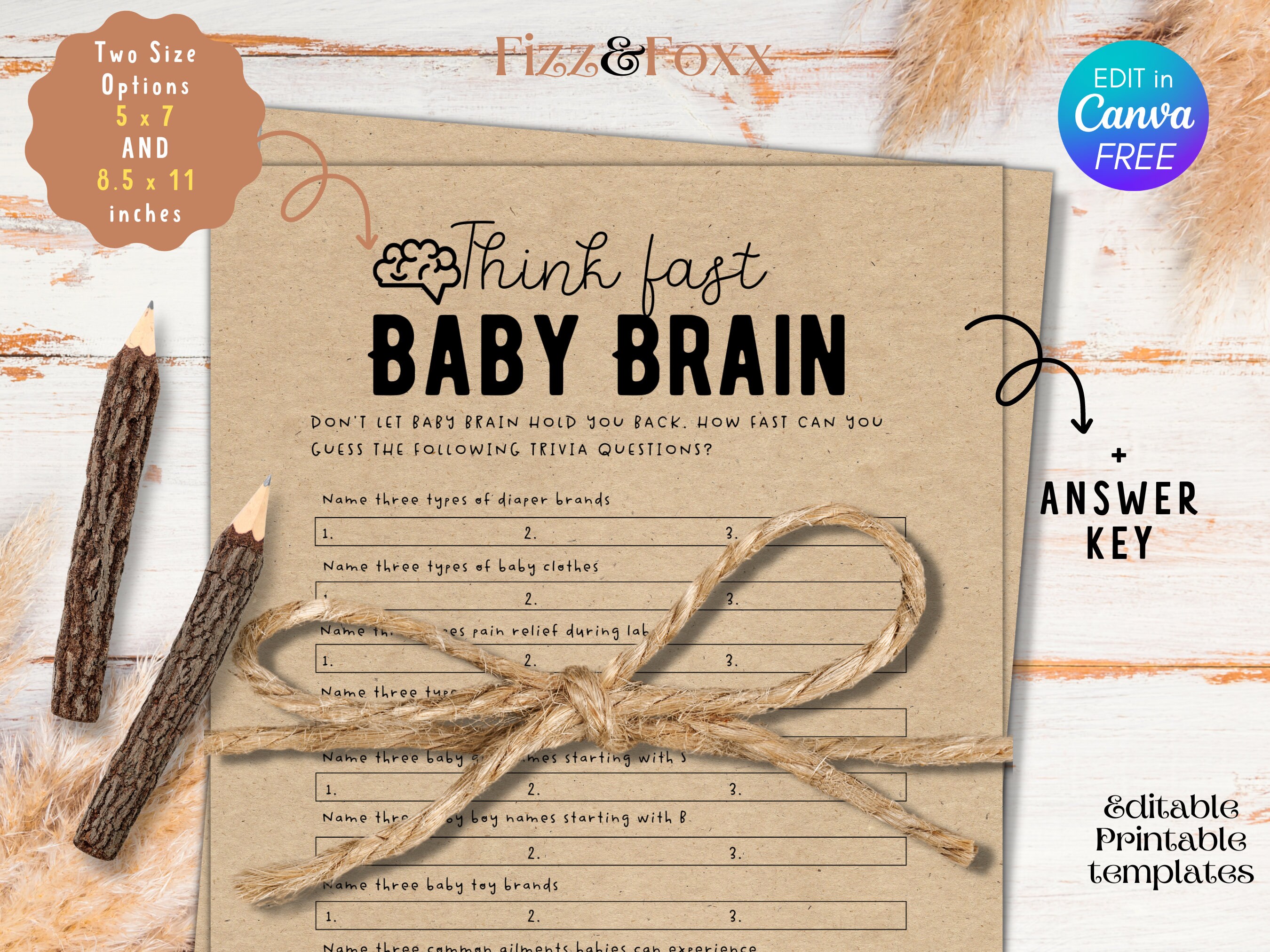 Think Fast Rustic Baby Shower Trivia Game Kraft Baby Shower - Etsy