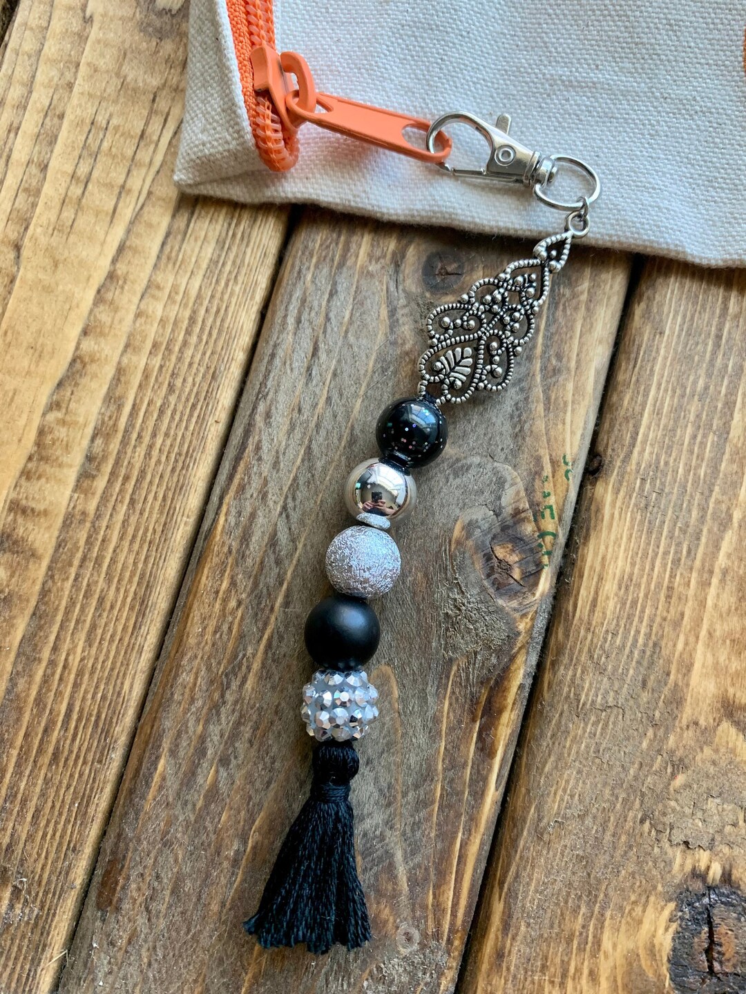 Beaded Zipper Pull, Beaded Keychain, Beaded Scissor Fob, Black and ...