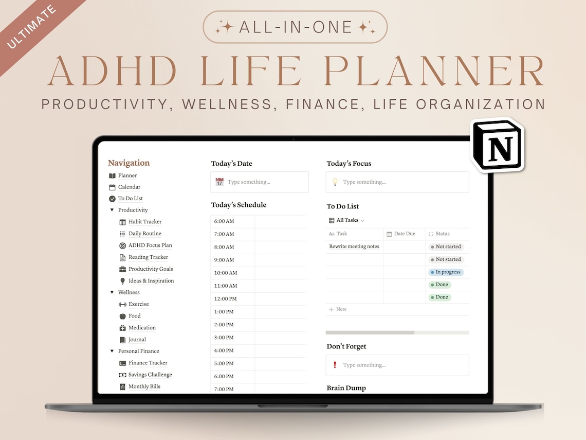 ADHD Life Planner Notion Template Productivity Health - Etsy
