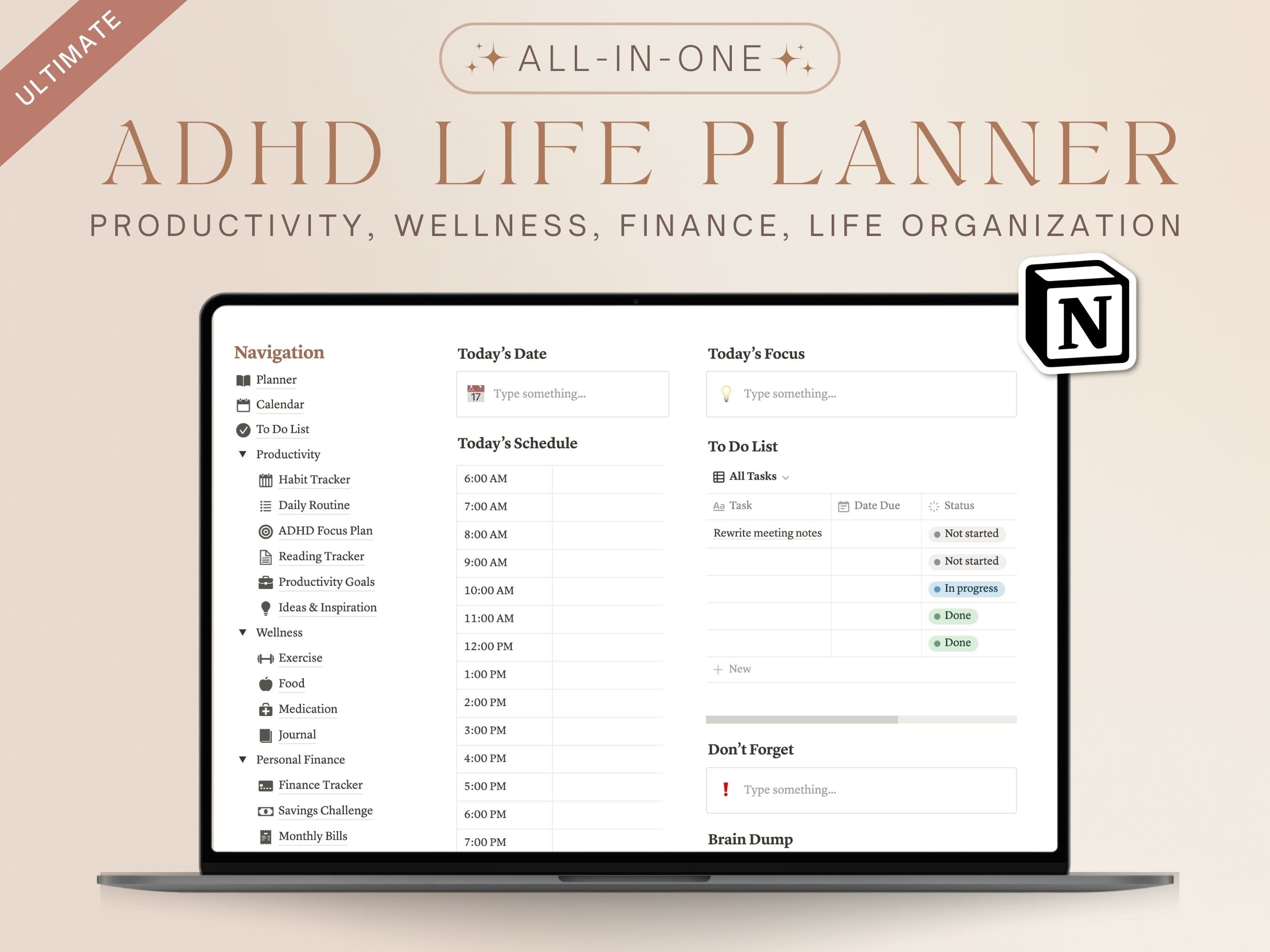 ADHD Life Planner Notion Template | Productivity, Health, Fitness, Life ...