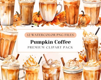 Pumpkin Spice Coffee Clipart Pack, Transparent Background, Watercolor ...