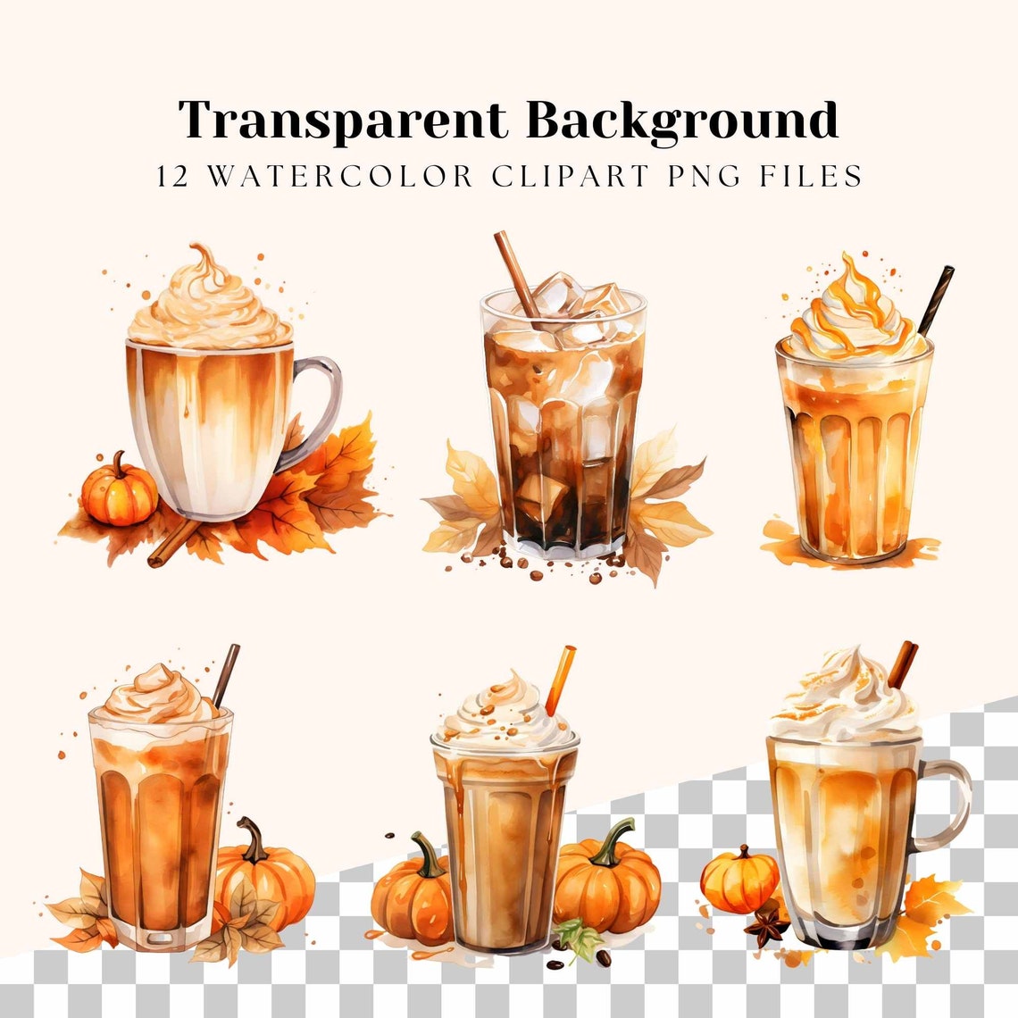Pumpkin Coffee Clipart Pack, High-quality Pngs, Transparent Background ...