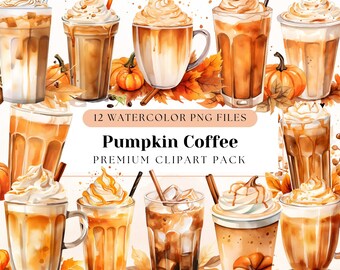 Pumpkin Spice Coffee Clipart Pack, Transparent Background, Watercolor ...
